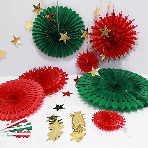 Decor365 Red Green Christmas Party Decoration Kit Hanging Decor Tissue Paper Fan Pompom Gold Star Garland Streamer Backdrop Background for Xmas Birthday Wedding Baby Shower