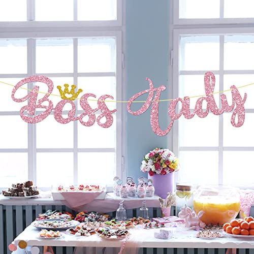 Boss Lady Birthday Banner Pink Glitter, Newborn Girl Child Kid Baby Shower Sign, One Birthday Decorations Banner