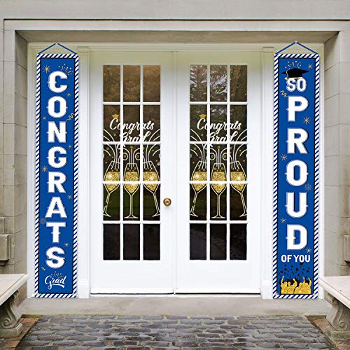 Whaline Graduation Porch Sign Congrats Grad Door Sign So Proud of You Banner Graduation Welcome Hanging Banner Graduation Party Backdrop for Grad Party Outdoor Yard Decorations (Blue)