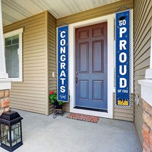 Whaline Graduation Porch Sign Congrats Grad Door Sign So Proud of You Banner Graduation Welcome Hanging Banner Graduation Party Backdrop for Grad Party Outdoor Yard Decorations (Blue)