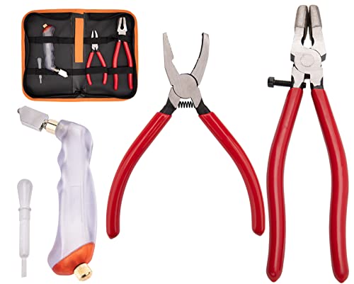 3PCS Heavy Duty Glass Running Pliers and Breaker Grozer Pliers Oil Feed Glass Cutter Set with Rubber Tips,Stained Glass Cutting Tool Kit for Key Fob Hardware Install and Stained Glass Work