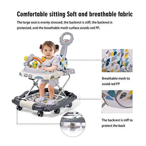 Boyro Baby 4 in 1 Baby Walker, Baby Walkers for Boys and Girls with Removable Footrest, Feeding Tray and Rocking Function with Music Tray, Foldable Activity Walker for Baby 6-18 Months, Help Baby Walk