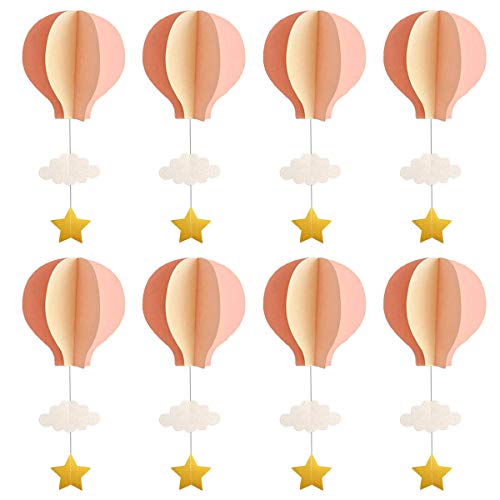 Hot Air Balloon Garland Decorations - 8 Pack Large Size Pastel Cloud Hot Air Balloon 3D Paper Garland Hanging Decorations for Wedding, Birthday, Baby Shower, Christmas Party - Pink