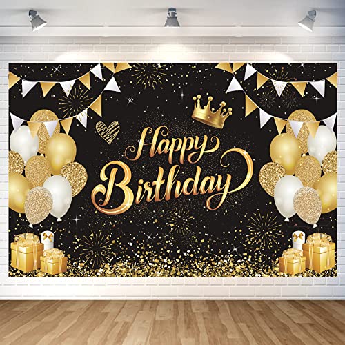 Black and Gold Birthday Backdrop for Men Women Happy Birthday Background Banner Black and Gold Party Decorations Cake Table Decor Banner Photo Booth Props 71×45inch（Black Gold）