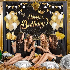 Black and Gold Birthday Backdrop for Men Women Happy Birthday Background Banner Black and Gold Party Decorations Cake Table Decor Banner Photo Booth Props 71×45inch（Black Gold）