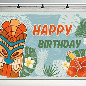 Happy Birthday Banner Backdrop Hawaii Aloha Totem Palm Tree Leaves Theme Decor for Tiki Bar Hawaiian Luau Summer Party Baby Shower Carnival Flag Decorations Favors Supplies Photography