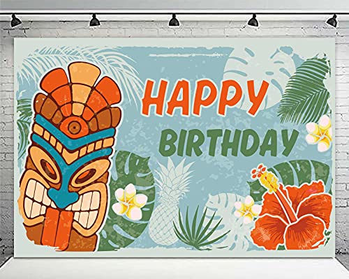 Happy Birthday Banner Backdrop Hawaii Aloha Totem Palm Tree Leaves Theme Decor for Tiki Bar Hawaiian Luau Summer Party Baby Shower Carnival Flag Decorations Favors Supplies Photography