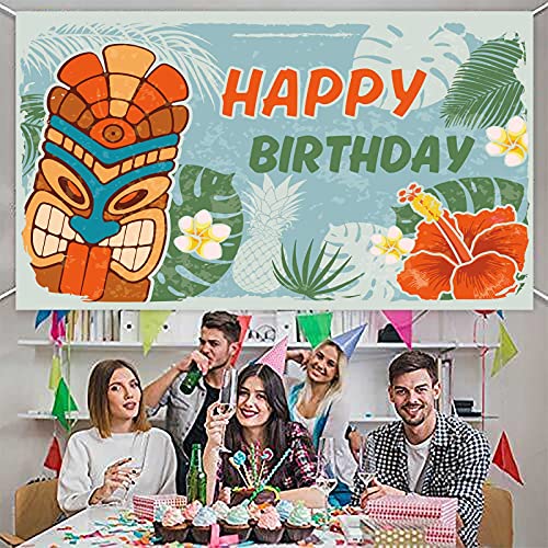 Happy Birthday Banner Backdrop Hawaii Aloha Totem Palm Tree Leaves Theme Decor for Tiki Bar Hawaiian Luau Summer Party Baby Shower Carnival Flag Decorations Favors Supplies Photography