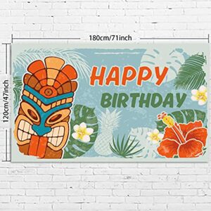 Happy Birthday Banner Backdrop Hawaii Aloha Totem Palm Tree Leaves Theme Decor for Tiki Bar Hawaiian Luau Summer Party Baby Shower Carnival Flag Decorations Favors Supplies Photography