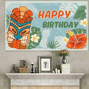 Happy Birthday Banner Backdrop Hawaii Aloha Totem Palm Tree Leaves Theme Decor for Tiki Bar Hawaiian Luau Summer Party Baby Shower Carnival Flag Decorations Favors Supplies Photography