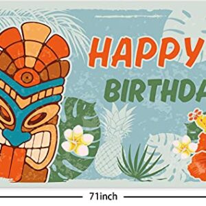 Happy Birthday Banner Backdrop Hawaii Aloha Totem Palm Tree Leaves Theme Decor for Tiki Bar Hawaiian Luau Summer Party Baby Shower Carnival Flag Decorations Favors Supplies Photography