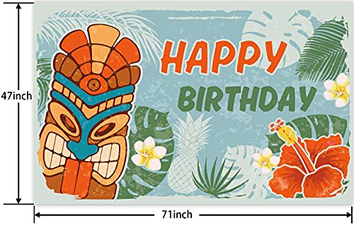 Happy Birthday Banner Backdrop Hawaii Aloha Totem Palm Tree Leaves Theme Decor for Tiki Bar Hawaiian Luau Summer Party Baby Shower Carnival Flag Decorations Favors Supplies Photography