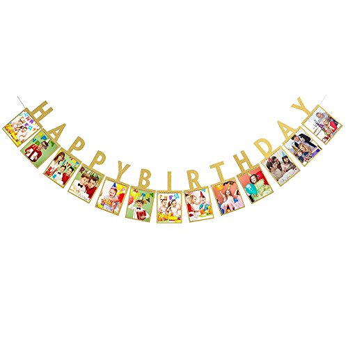 YAMI COCU Happy Birthday Photo Banner for 60th Birthday Party Decorations Picture Bunting Gold