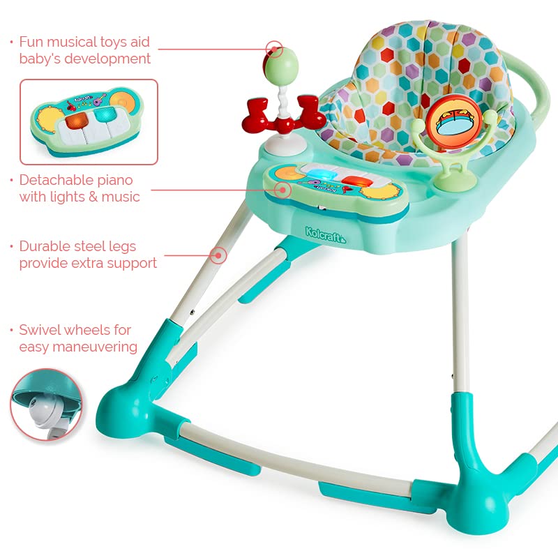 Kolcraft Tiny Steps Groove 3-in-1 Infant and Baby Activity Push Walker with Steel Base, Removable Piano-Toy, Seated or Walk-Behind for Baby Girl or Boy - Honeycomb