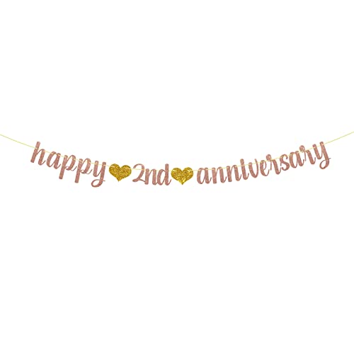 Rose Gold Glitter Happy 2nd Anniversary Banner, 2nd Wedding Anniversary Party Decorations Suppilies, Cheers to 2 Year Banner (2nd)