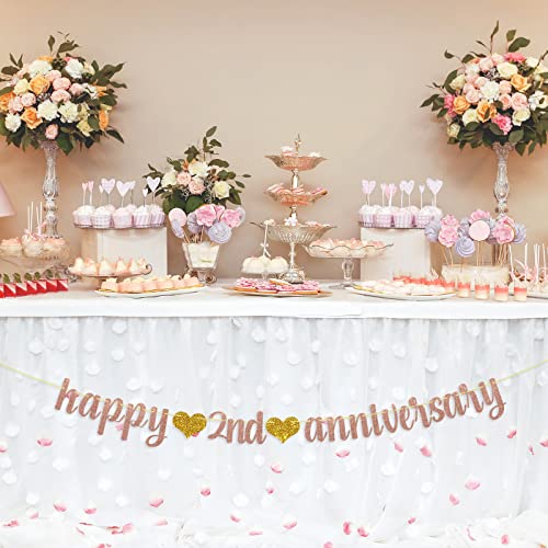 Rose Gold Glitter Happy 2nd Anniversary Banner, 2nd Wedding Anniversary Party Decorations Suppilies, Cheers to 2 Year Banner (2nd)