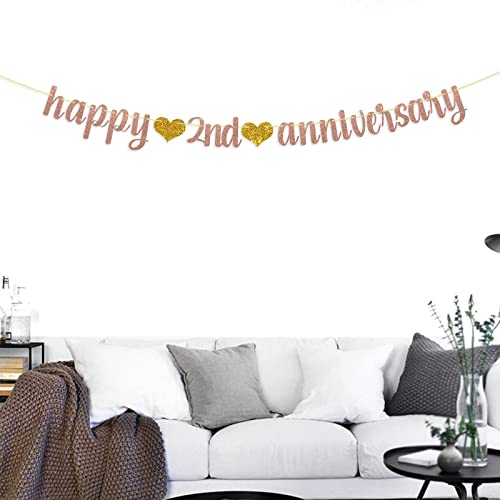 Rose Gold Glitter Happy 2nd Anniversary Banner, 2nd Wedding Anniversary Party Decorations Suppilies, Cheers to 2 Year Banner (2nd)