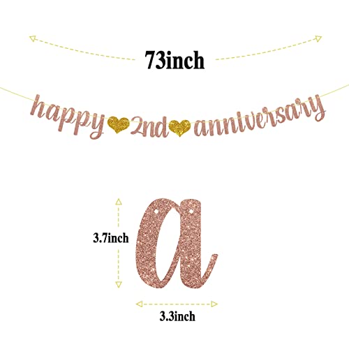 Rose Gold Glitter Happy 2nd Anniversary Banner, 2nd Wedding Anniversary Party Decorations Suppilies, Cheers to 2 Year Banner (2nd)