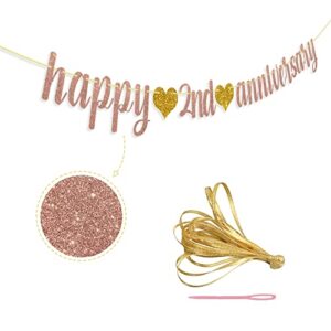 Rose Gold Glitter Happy 2nd Anniversary Banner, 2nd Wedding Anniversary Party Decorations Suppilies, Cheers to 2 Year Banner (2nd)