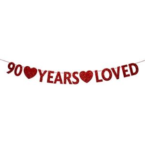 red 90 year loved banner, red glitter happy 90th birthday party decorations, supplies