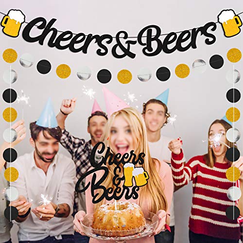 Cheers & Beers Banner with Cake Topper Circle Dots Garland for Men Women Him Her Happy Birthday Wedding Anniversary Graduation Bachelorette Engagement Retirement Hawaii Bridal Shower Party Supplies