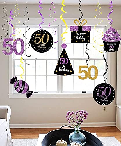 Qian's Party 50th Birthday Decorations for Women Purple Gold Black Purple Gold Foil Hanging Swirls 50th Birthday Party Decor – Women Purple 50th Birthday Party Decorations