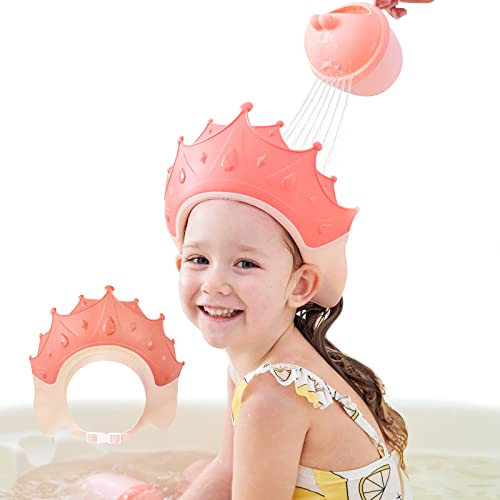 FUSACONY Baby Shower Cap Shield, Shower Cap for Kids, Visor Hat for Eye and Ear Protection for 0-9 Years Old Children, Cute Crown Shape Makes the Baby Bath More Fun (Pink)