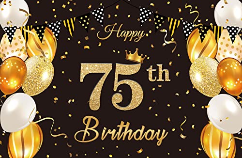 75th Birthday Banner, 75th Birthday Decorations Black Gold, 75th Birthday Backdrop Banner Photography Background 75th Banners for Men 75th Birthday Sign Poster Photo Booth Props Party Decoration