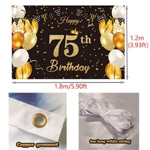 75th Birthday Banner, 75th Birthday Decorations Black Gold, 75th Birthday Backdrop Banner Photography Background 75th Banners for Men 75th Birthday Sign Poster Photo Booth Props Party Decoration