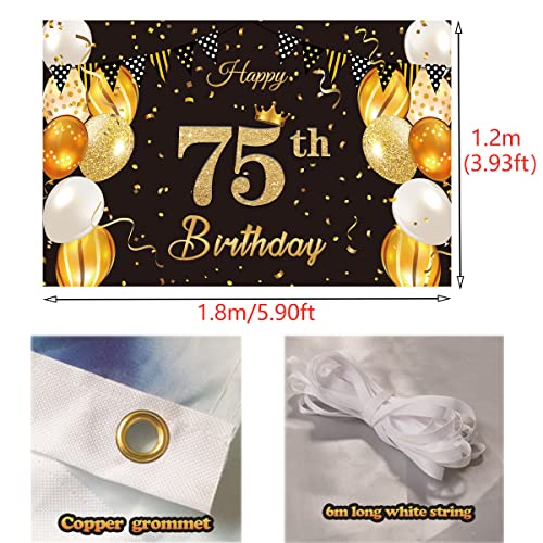 75th Birthday Banner, 75th Birthday Decorations Black Gold, 75th Birthday Backdrop Banner Photography Background 75th Banners for Men 75th Birthday Sign Poster Photo Booth Props Party Decoration