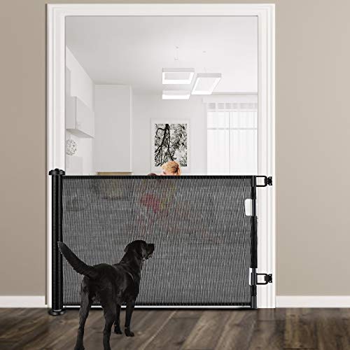 Retractable Baby Gate Dog Gate - Wiscky Extra Wide Safety Gates 33" Tall, Extends to 59" Wide, Easy to Roll and Latch Dogs Gate for Doorways, Stairs, Hallways, Deck, Banisters Indoor/Outdoor (Black)