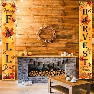 Welcome Fall Harvest Decoration Porch Sign Banner Happy Fall Y'all Autumn Door Sign Pumpkin Maple Leaf for Fall Party Thanksgiving Decoration Garden Yard (Orange Happy Fall Y'all)