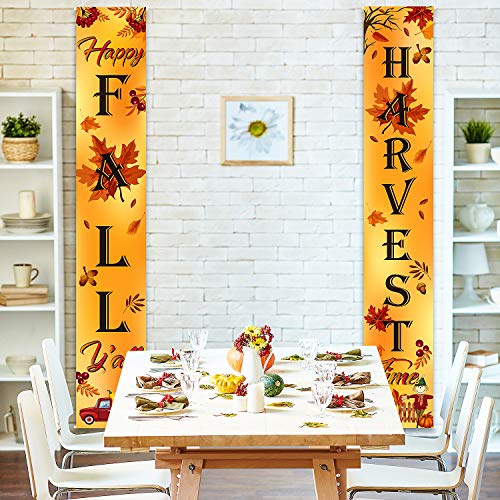 Welcome Fall Harvest Decoration Porch Sign Banner Happy Fall Y'all Autumn Door Sign Pumpkin Maple Leaf for Fall Party Thanksgiving Decoration Garden Yard (Orange Happy Fall Y'all)