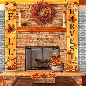 Welcome Fall Harvest Decoration Porch Sign Banner Happy Fall Y'all Autumn Door Sign Pumpkin Maple Leaf for Fall Party Thanksgiving Decoration Garden Yard (Orange Happy Fall Y'all)