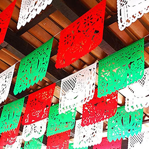 Mexican Independence Day Party Banners Tri-color (Red, green and white), Papel Picado for Fiestas Patrias 83 feet total, Pre assembled on string for easy hanging