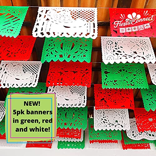 Mexican Independence Day Party Banners Tri-color (Red, green and white), Papel Picado for Fiestas Patrias 83 feet total, Pre assembled on string for easy hanging