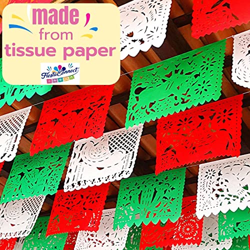 Mexican Independence Day Party Banners Tri-color (Red, green and white), Papel Picado for Fiestas Patrias 83 feet total, Pre assembled on string for easy hanging