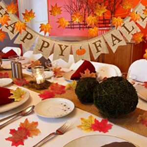 Famoby Happy Fall Pumpkin Burlap Banner and Maple Leaf Garland Confetti for Harvest Time Autumn Theme Party Thanksgiving Decorations