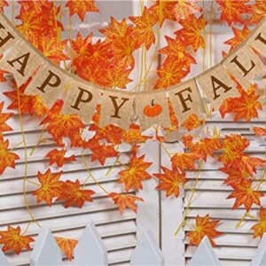 Famoby Happy Fall Pumpkin Burlap Banner and Maple Leaf Garland Confetti for Harvest Time Autumn Theme Party Thanksgiving Decorations