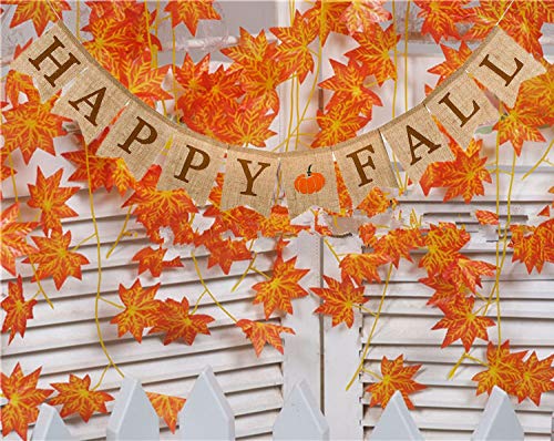 Famoby Happy Fall Pumpkin Burlap Banner and Maple Leaf Garland Confetti for Harvest Time Autumn Theme Party Thanksgiving Decorations