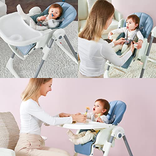 KÜB 3-in-1 Foldable Baby High Chair (Blue) | Multifunctional Infant HighChair for Babies & Toddlers | Removable Seat & Tray for Easy Clean | 7 Height & 4 Recline Adjustable | 2 Locking Wheels | Safe