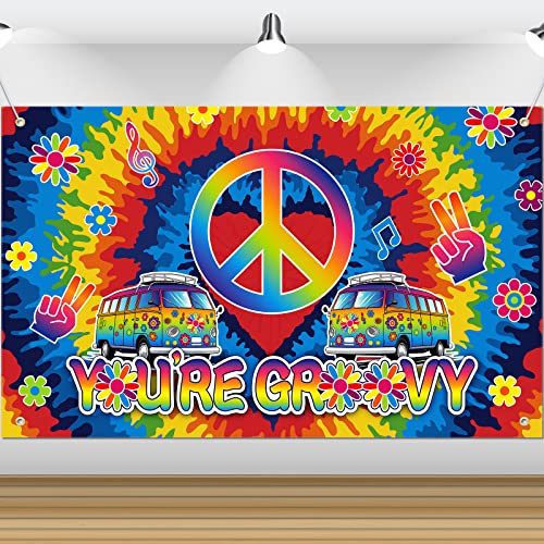 Hippie Party Decorations, 60's Party Decorations Hippie Groovy Backdrop, Groovy Party Decorations, 72.8 x 43.3 Inch Hippie, Groovy Decoration Banner with Rope for Hippie Theme Groovy Party Decorations