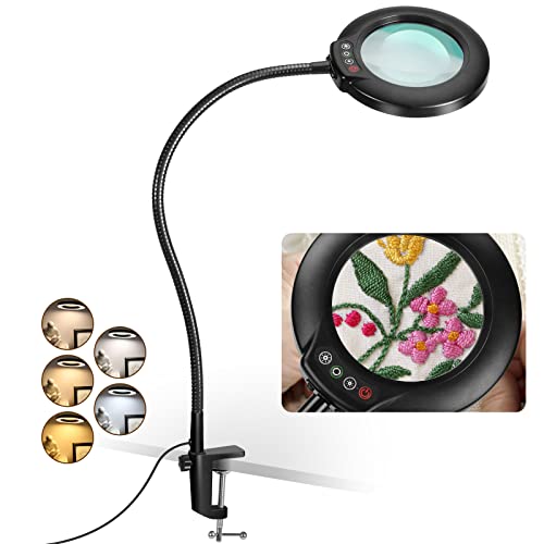 VEEMAGNI 23" Magnifying Glass with Light and Clamp, 5 Color Modes Stepless Dimmable LED Gooseneck Desk Lamp, 5X Real Glass Table Lighted Magnifier Hands Free for Craft Painting Close Work Hobby Sewing