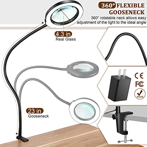 VEEMAGNI 23" Magnifying Glass with Light and Clamp, 5 Color Modes Stepless Dimmable LED Gooseneck Desk Lamp, 5X Real Glass Table Lighted Magnifier Hands Free for Craft Painting Close Work Hobby Sewing