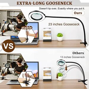 VEEMAGNI 23" Magnifying Glass with Light and Clamp, 5 Color Modes Stepless Dimmable LED Gooseneck Desk Lamp, 5X Real Glass Table Lighted Magnifier Hands Free for Craft Painting Close Work Hobby Sewing