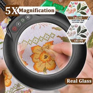 VEEMAGNI 23" Magnifying Glass with Light and Clamp, 5 Color Modes Stepless Dimmable LED Gooseneck Desk Lamp, 5X Real Glass Table Lighted Magnifier Hands Free for Craft Painting Close Work Hobby Sewing