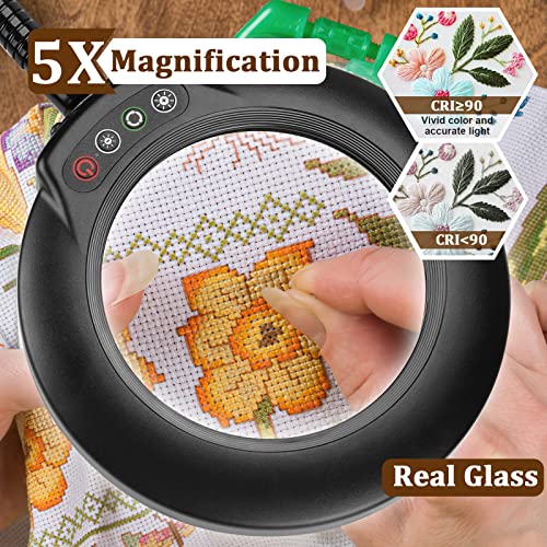 VEEMAGNI 23" Magnifying Glass with Light and Clamp, 5 Color Modes Stepless Dimmable LED Gooseneck Desk Lamp, 5X Real Glass Table Lighted Magnifier Hands Free for Craft Painting Close Work Hobby Sewing