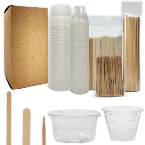 NSI Epoxy Resin Mixing Kit: 150 Plastic Cups and 150 Wood Sticks; 300 Piece Assortment of Disposable 1 oz and 1.5 oz Plastic Mixing Cups and Assorted Mixing Sticks.