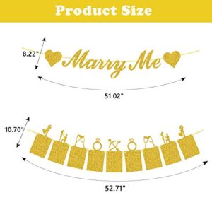 Marriage Proposal Decorations,Gold Marry Me Banner and Photo Banner with Picture Card Frames for Marriage Proposal Ideas Wedding Proposal Decorations.(Gold Glitter)