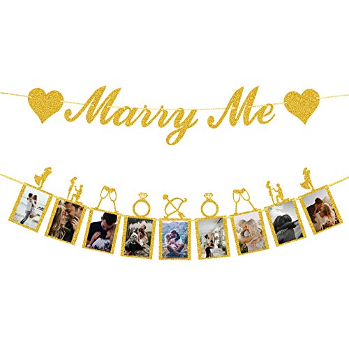 Marriage Proposal Decorations,Gold Marry Me Banner and Photo Banner with Picture Card Frames for Marriage Proposal Ideas Wedding Proposal Decorations.(Gold Glitter)